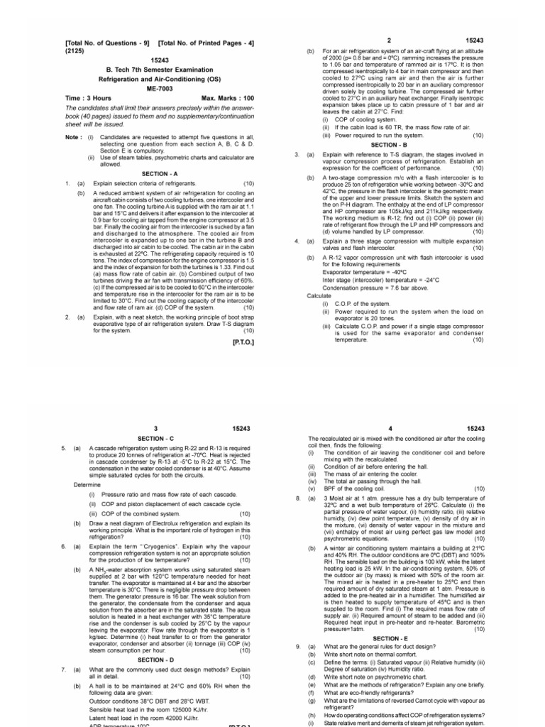 Btech Me 7 Sem Refrigeration and Air Conditioning Os Me 7003 15243 2015 ...