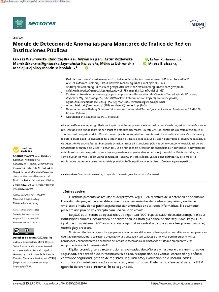 Anomaly Detection Module For Network Traffic Monitoring in Public InstitutionsSensors - En.es | PDF
