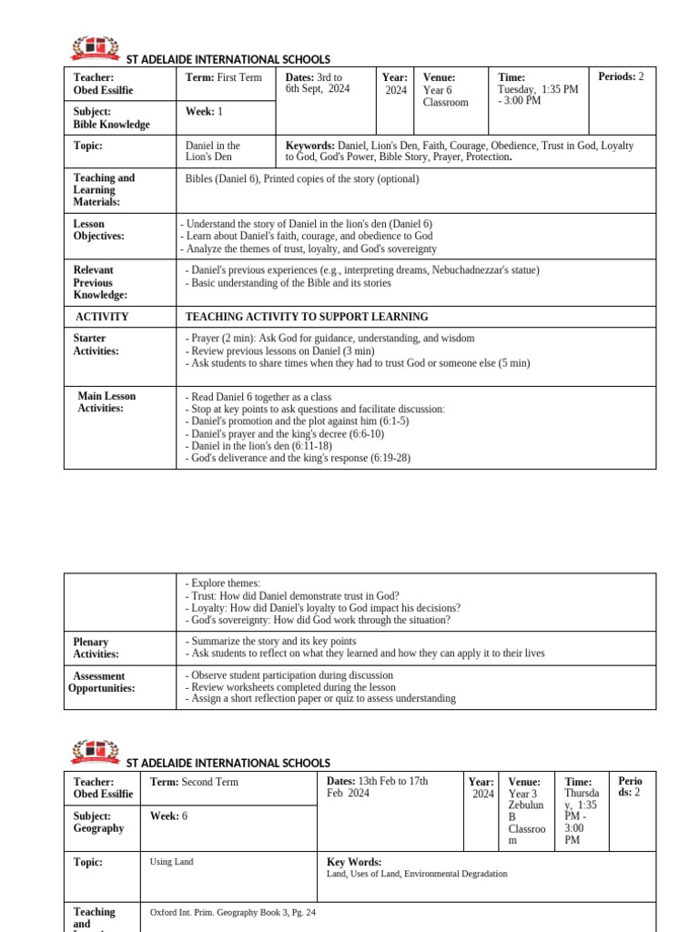 Lesson Plan (History, Geography and Bible Knowledge) - Year 6 - Term 1 ...