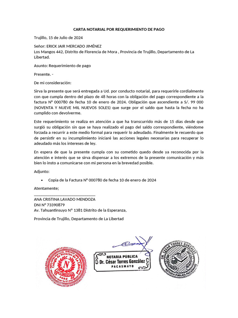 Carta Notarial Por Requerimiento de Pago | PDF