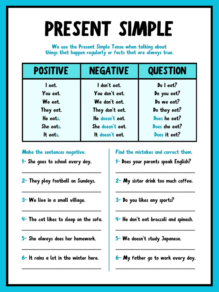 Present Simple Worksheet in Blue White Cute Style | PDF