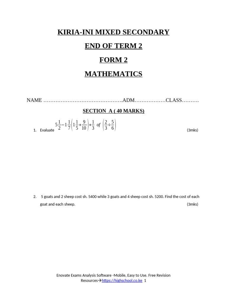 Form 2 End Term 2 Maths Exam 2022 | PDF