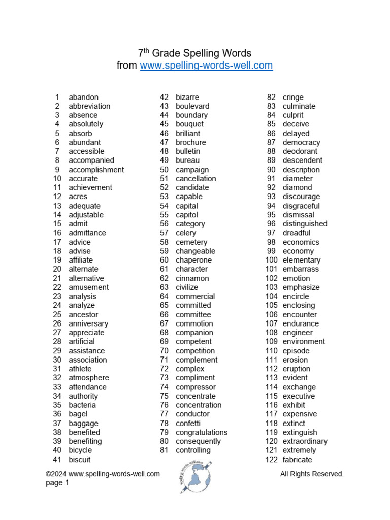 2024 7th Grade Spelling Words | PDF