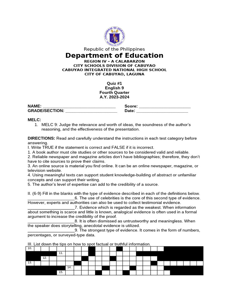 Grade 9 q4 Quiz No. 1 | PDF