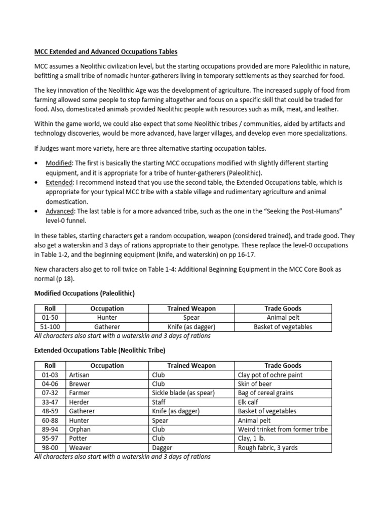 MCC - Extended and Advanced Primitive Occupations Tables | PDF
