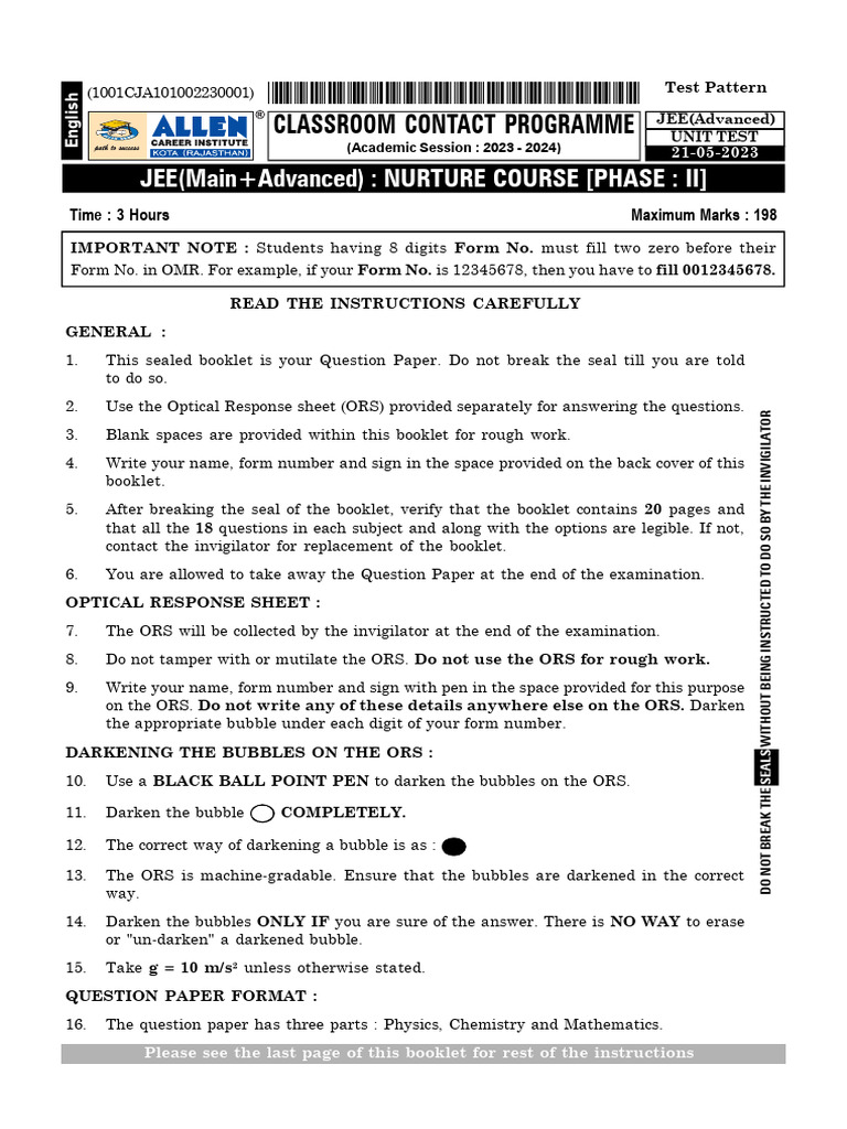 Classroom Contact Programme: JEE (Main+Advanced) : NURTURE COURSE ...