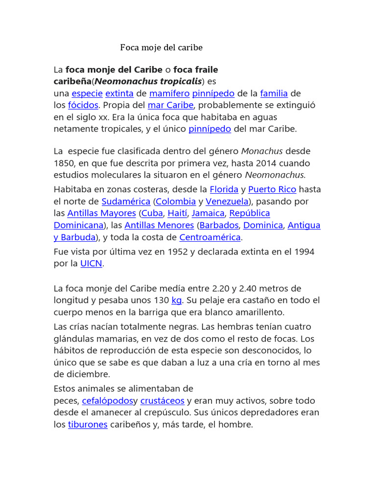 Foca Monje Del Caribe Foca Fraile Caribeña: Neomonachus Tropicalis | PDF