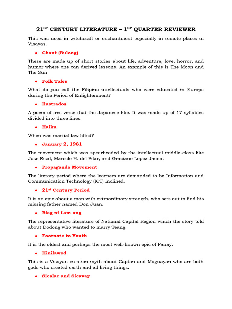 21st Century Literature - 1st Quarter Reviewer | PDF
