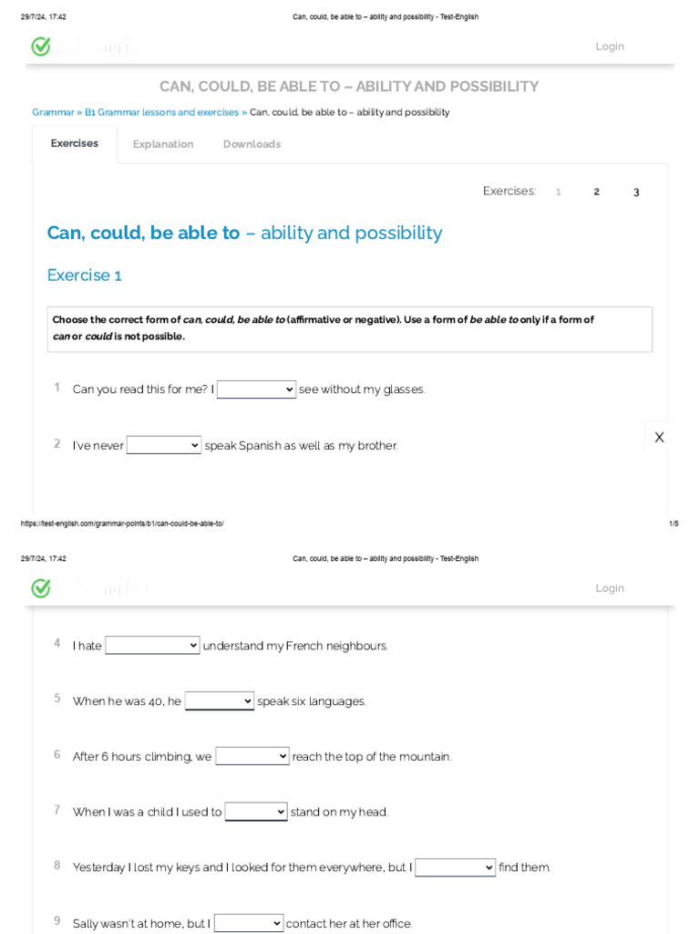 Can, Could, Be Able To - Ability and Possibility - Test-English | PDF