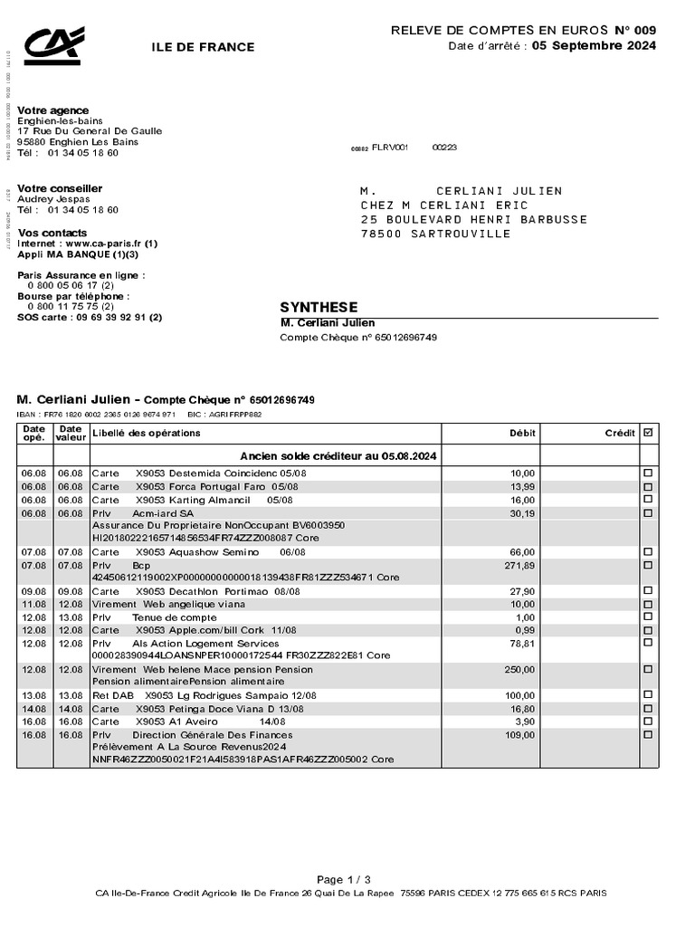 Relevé de Compte Cerliani - Sept 2024 | PDF | Crédit | Finance et ...