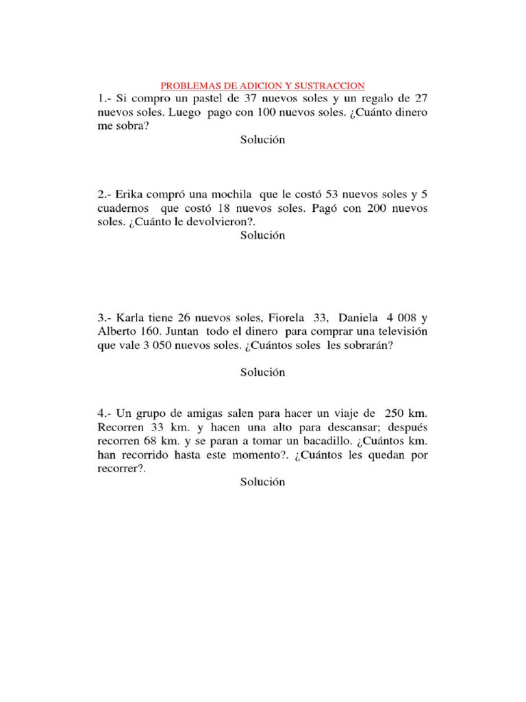 Problemas de Adicion y Sustraccion | PDF