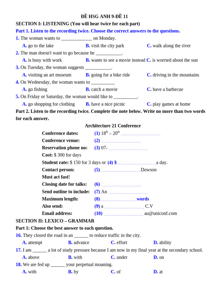 ĐỀ SỐ 11-HSG ANH 9 | PDF