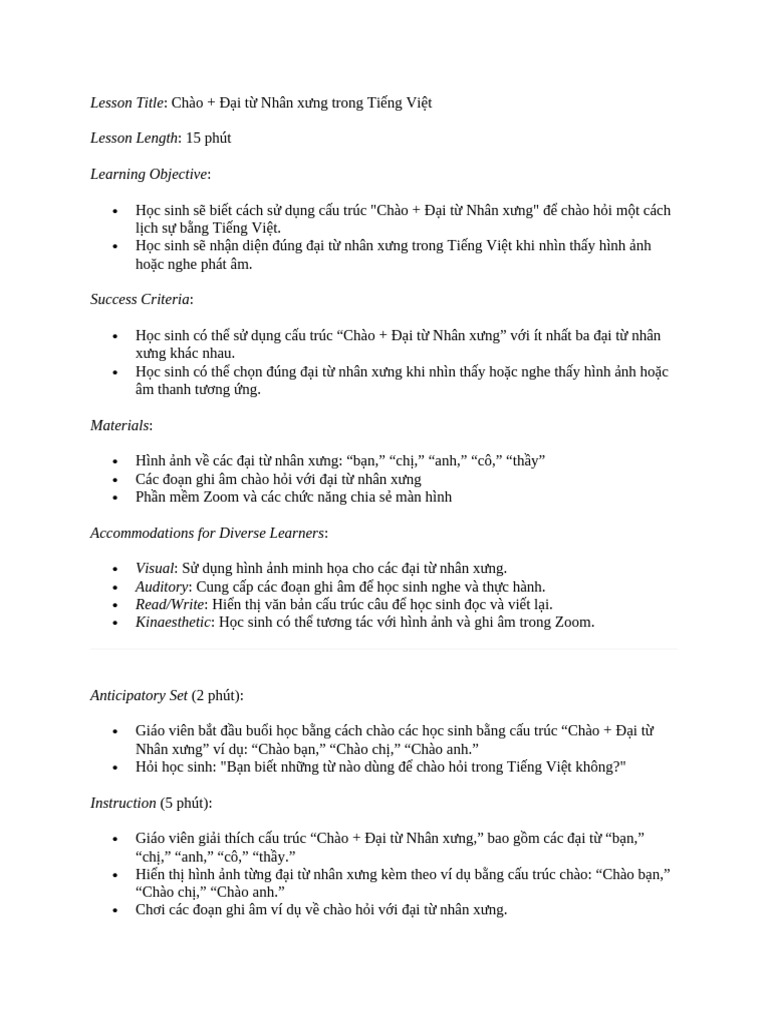 Bai Soan Chao + Dai Tu Nhan Xung (Cach Truyen Thong) | PDF