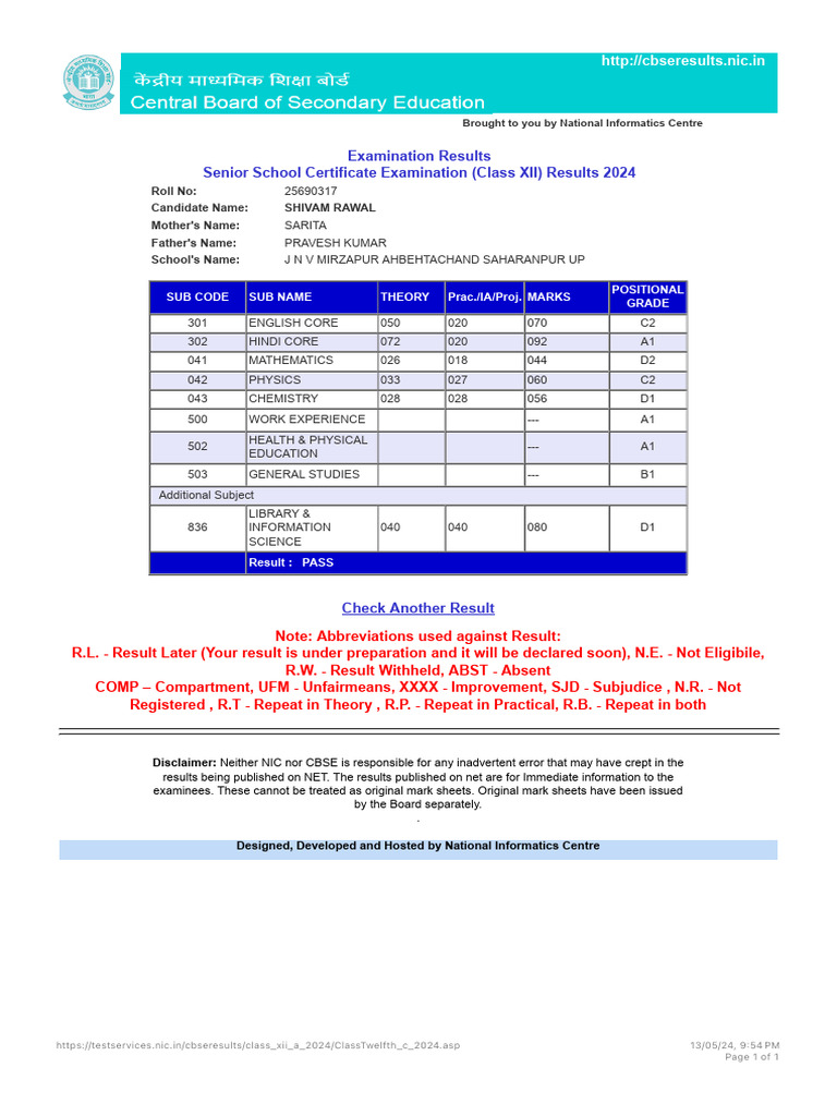 CBSE - Senior School Certificate Examination (Class XII) Results 2024 | PDF