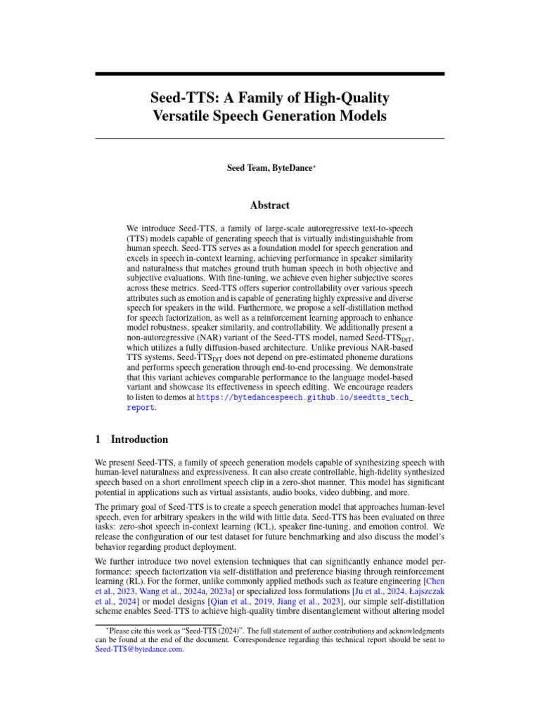 Seed-TTS A Family of High-Quality Versatile Speech Generation Models | PDF
