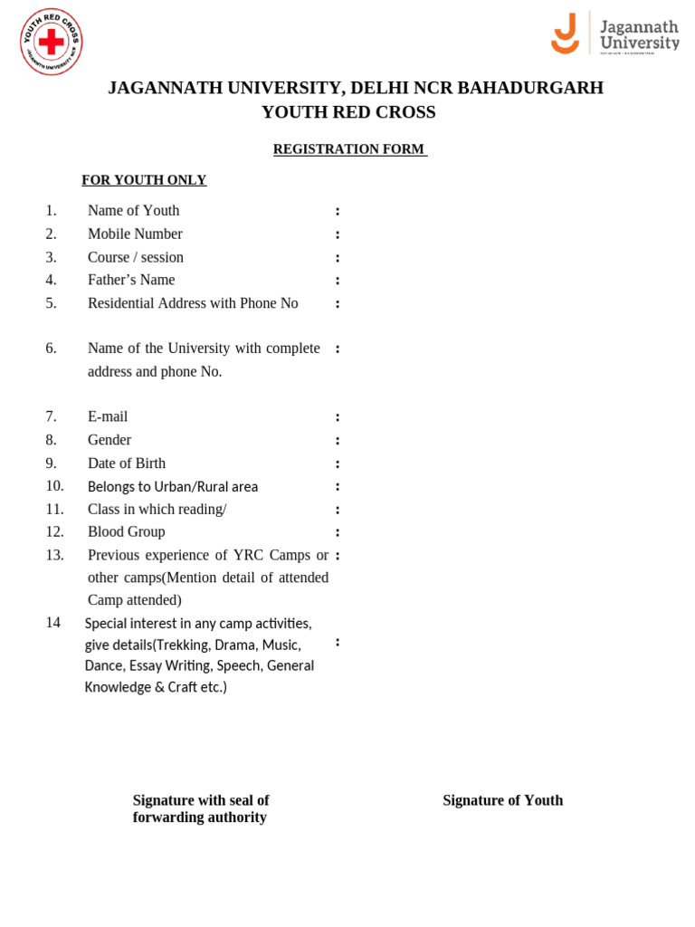 Youth Red Cross Registration Form | PDF