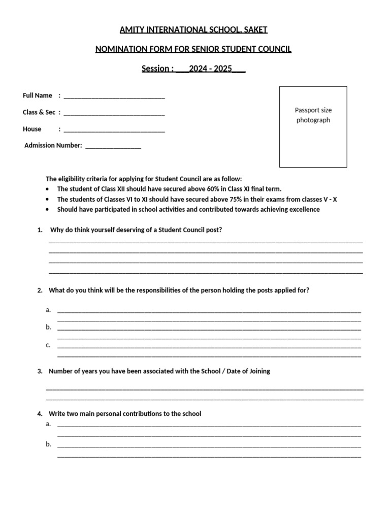 Senior Student Council Nomination Form 2023 - 2024 | PDF