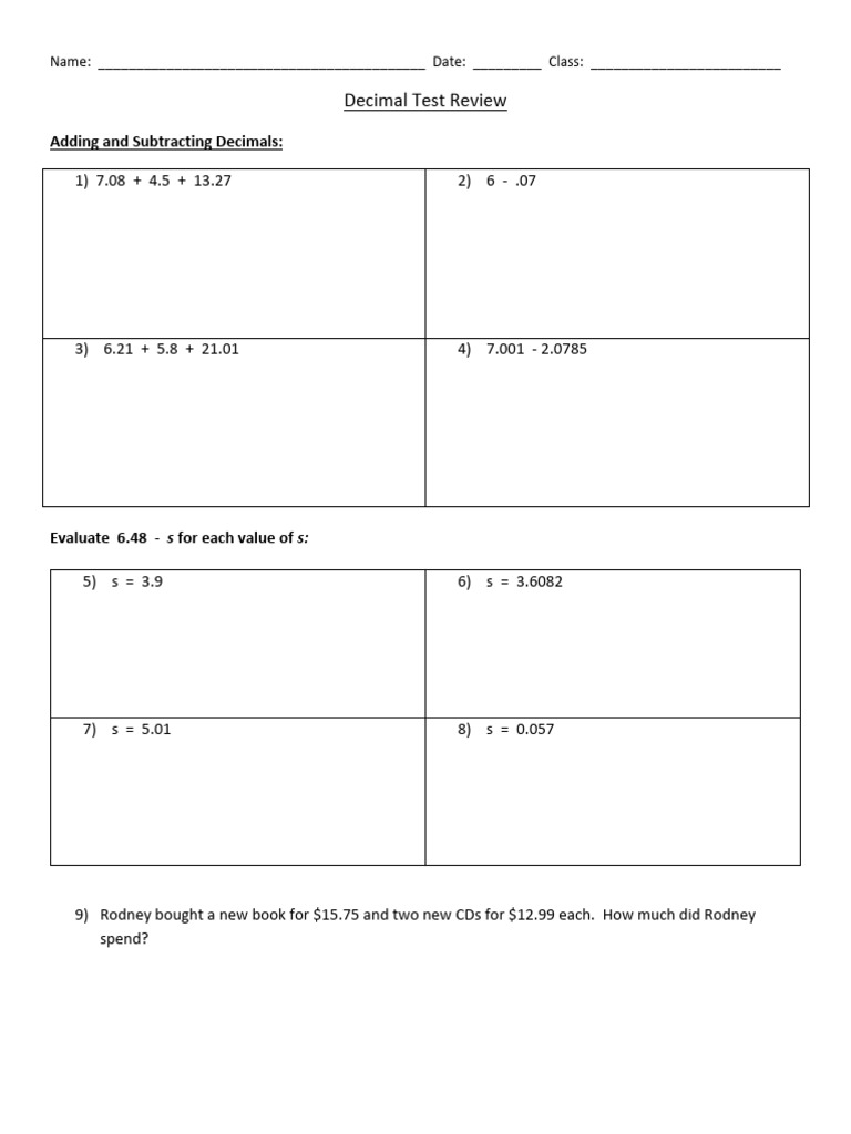 Decimal Test Review | PDF | Mathematics | Arithmetic