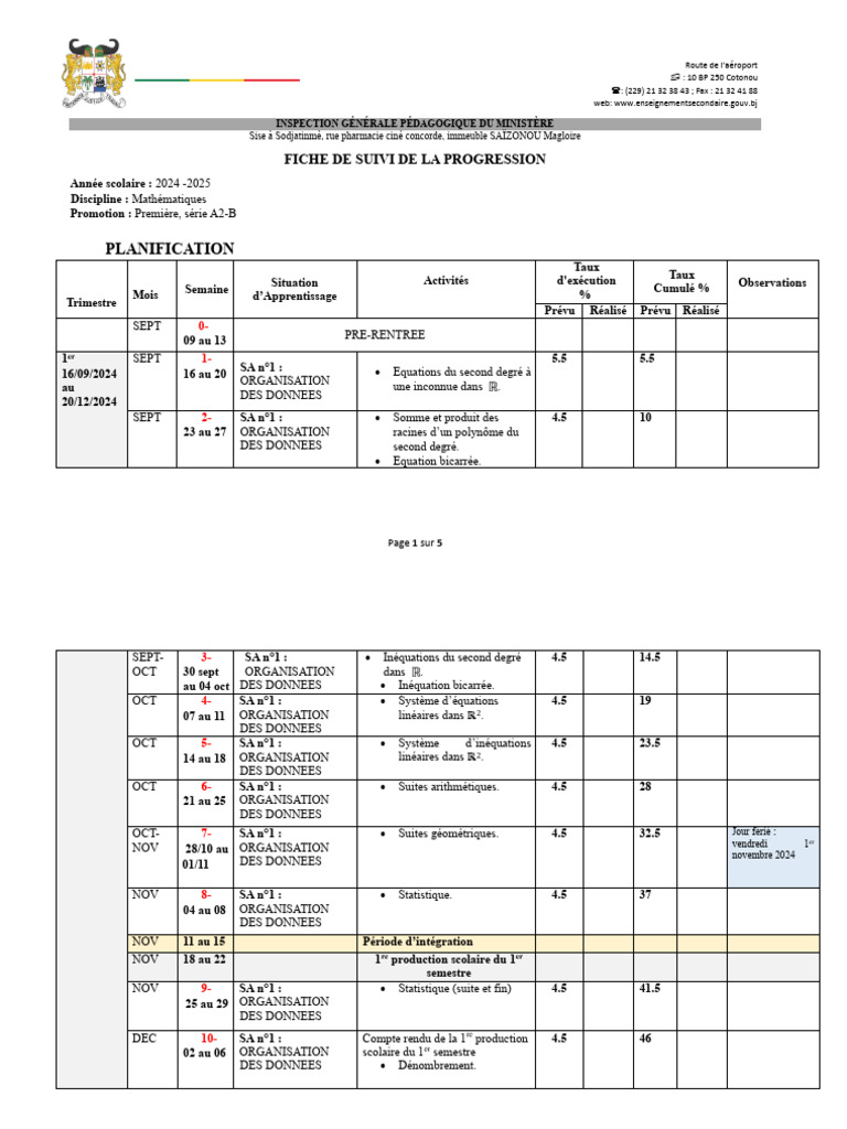 1re A2-B-FICHE DE SUIVI DE PROGRESSION - 2024-2025 | PDF
