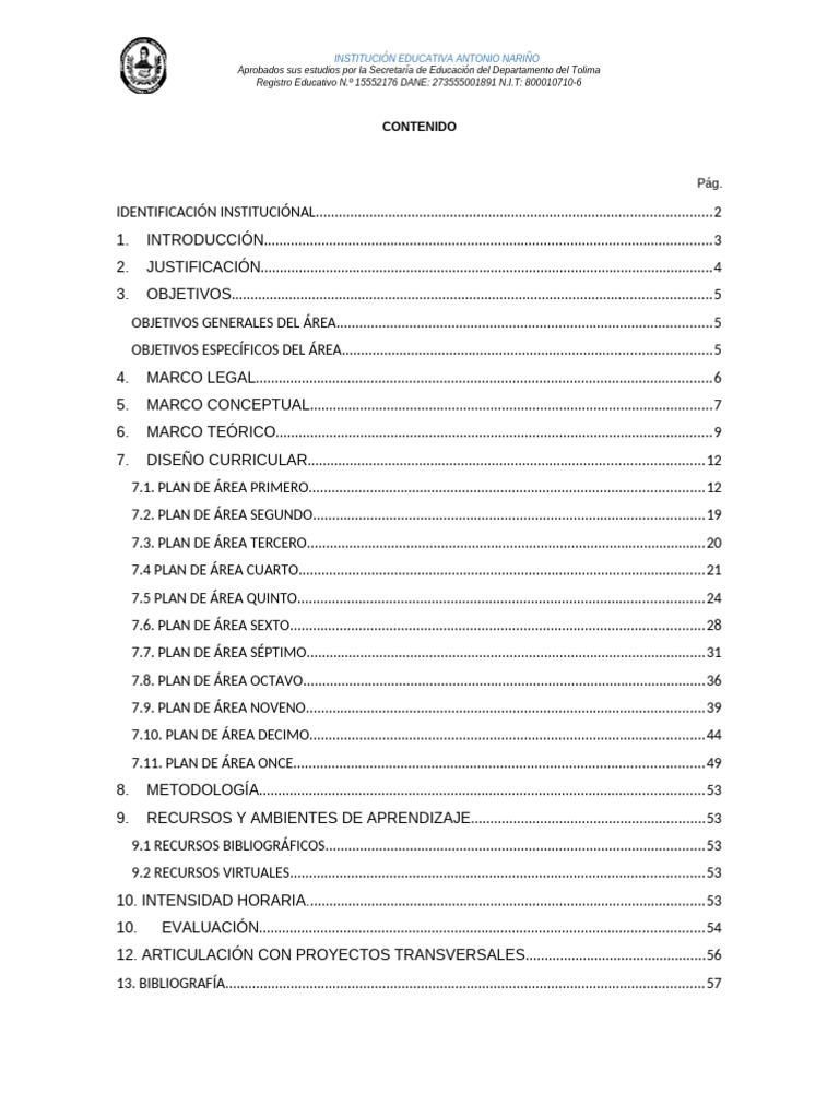 Plan De Area Matematicas 2018 Pdf