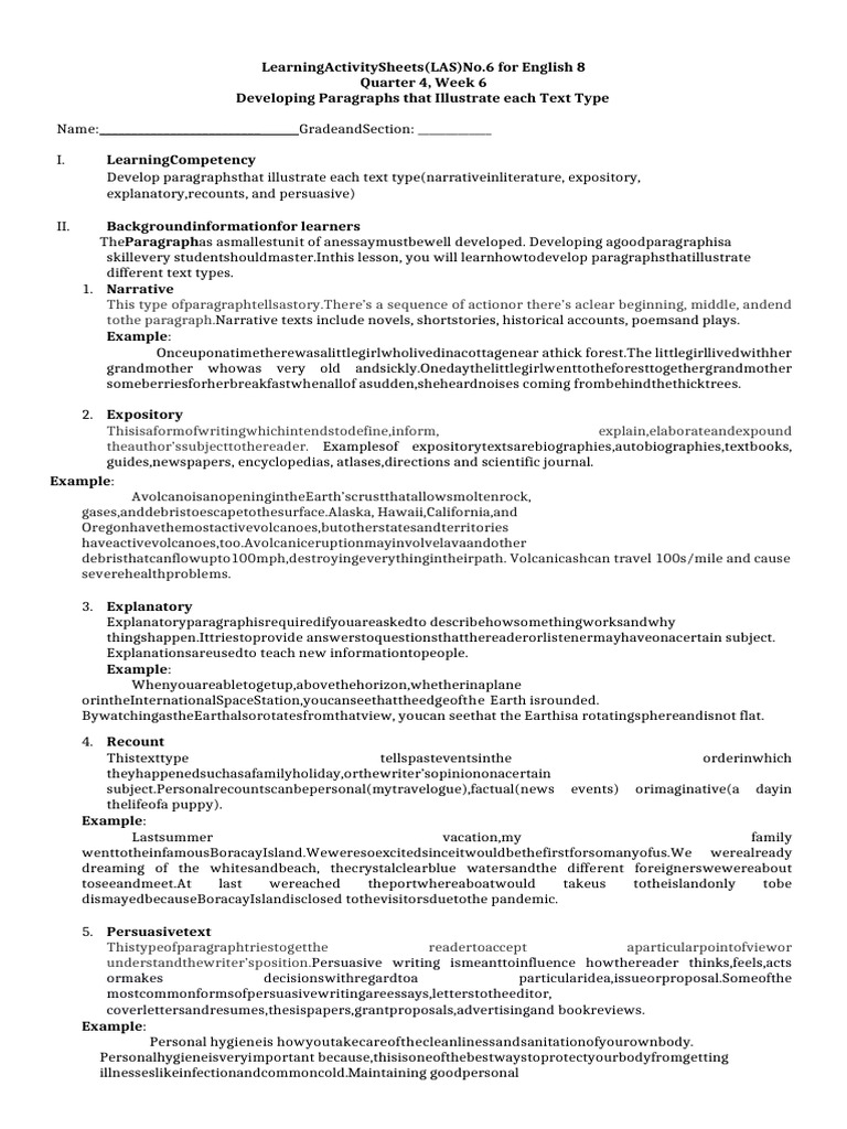 Eng8 Q4 Week 6 Developing Paragraphs That Illustrate Each Text Type | PDF