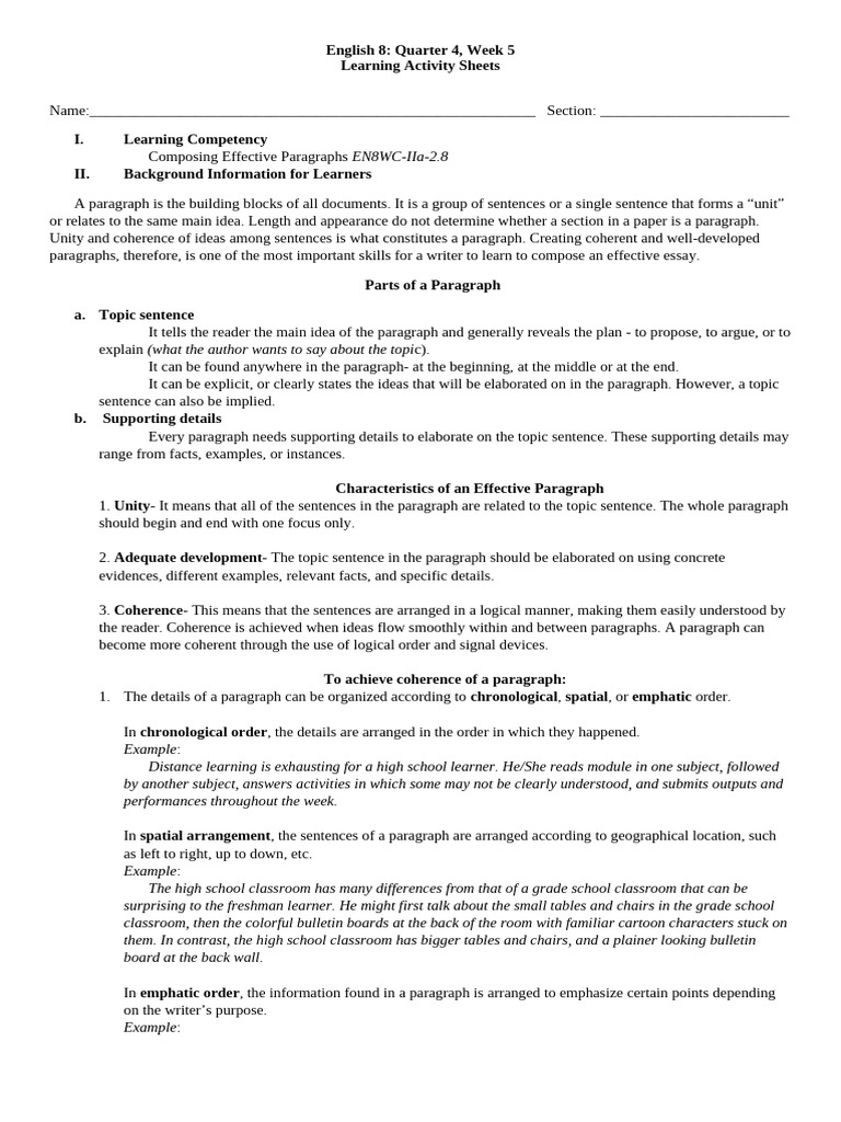 Eng8 Q4 Week 5 Composing Effective Paragraphs | PDF