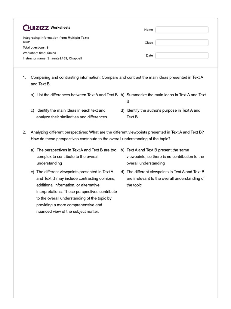 Integrating Information From Multiple Texts Quiz - Quizizz | PDF