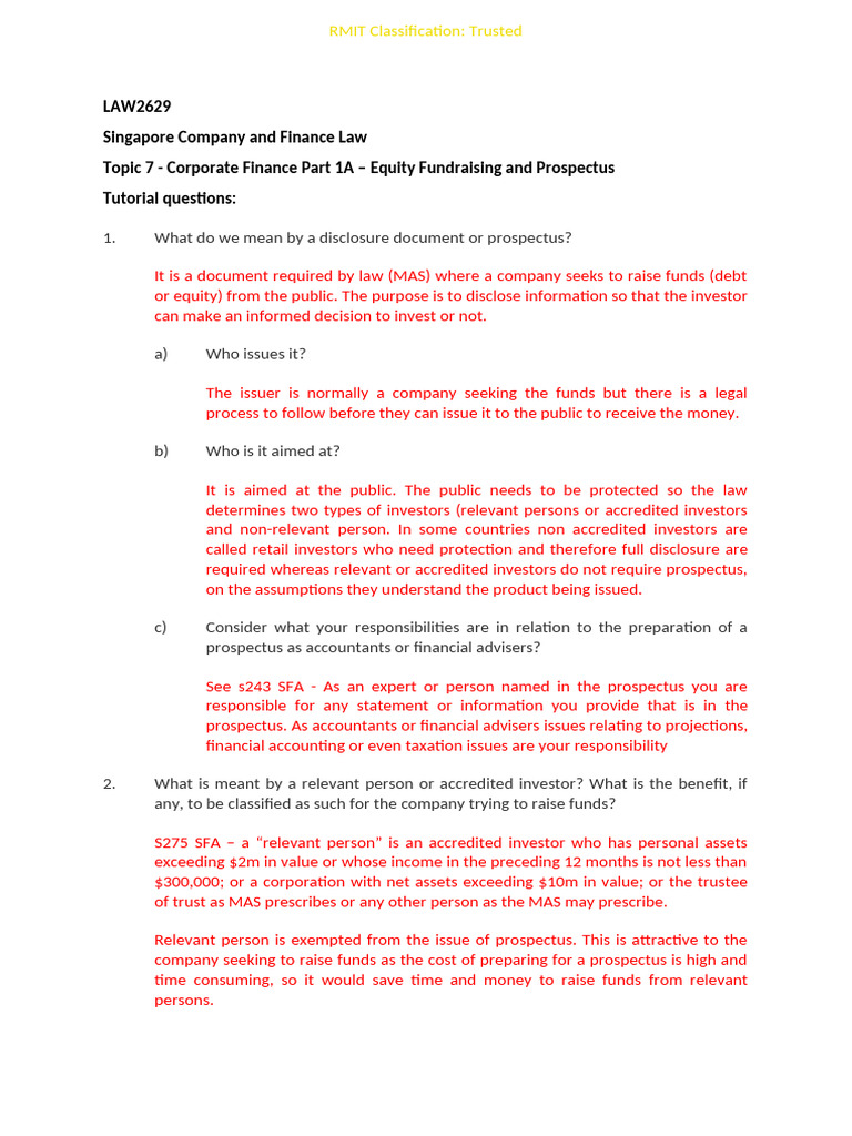 Topic 7 - Corporate Finance Part 1A Tutorial Questions and Answer ...