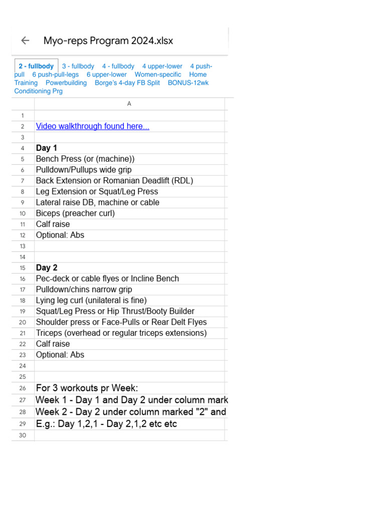 Myo-Reps Program 2024.Xlsx - Google Drive | PDF
