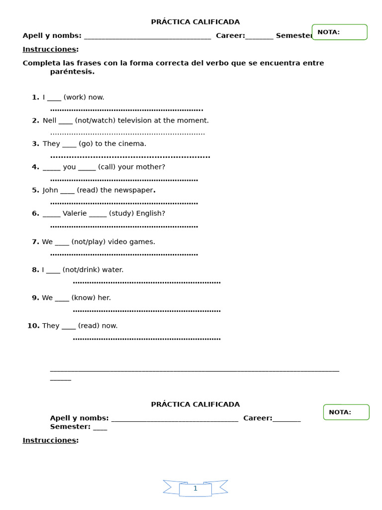 Práctica Present Continuo | PDF