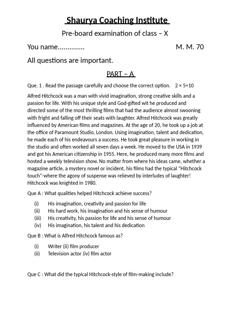 Class 10th pre-board Shaurya Coaching | PDF