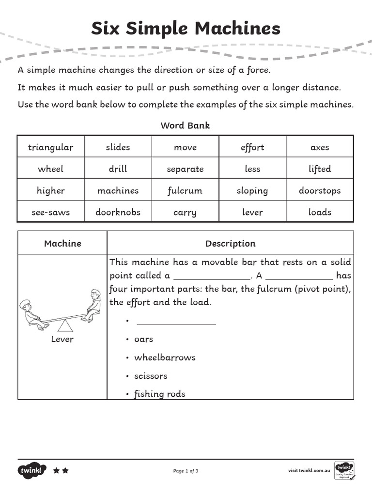 Simple Machine Cloze Worksheet 2 | PDF
