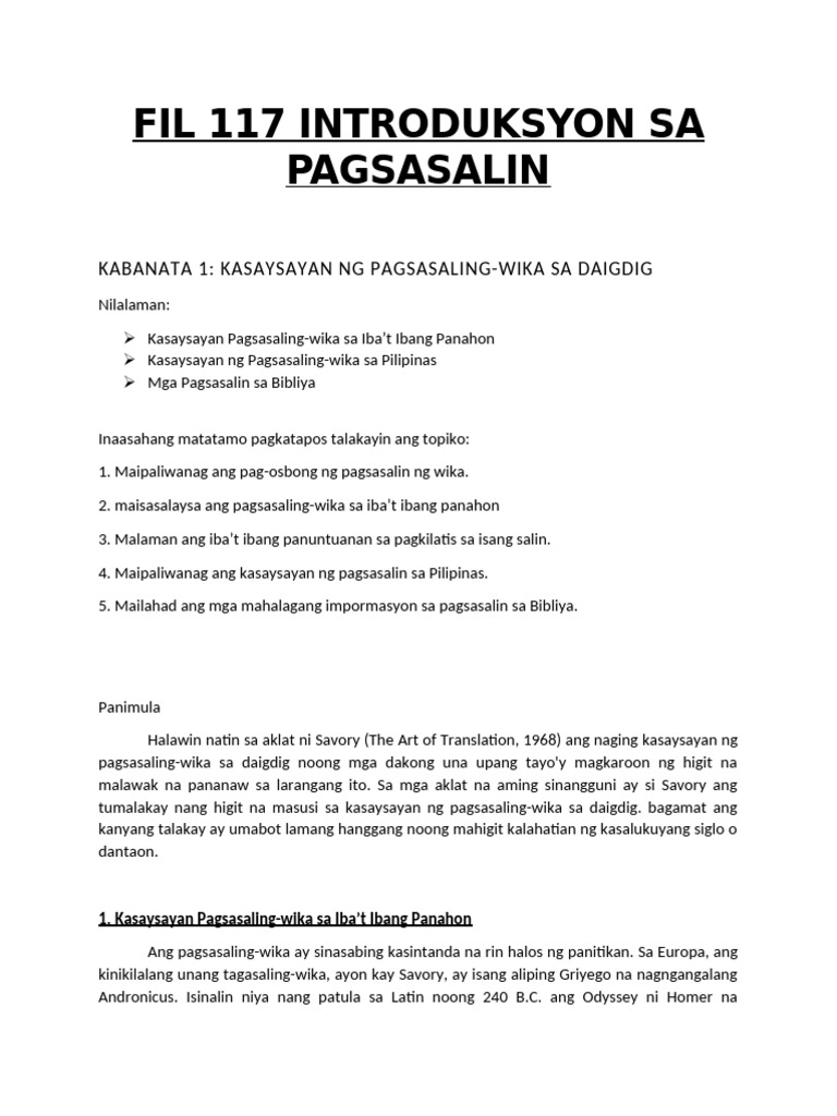 Fil 117 Introduksyon Sa Pagsasalin | PDF