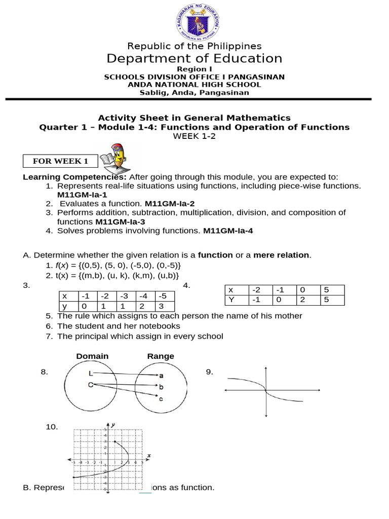 Activity Sheet Week 1 | PDF | Function (Mathematics) | Teaching Methods & Materials