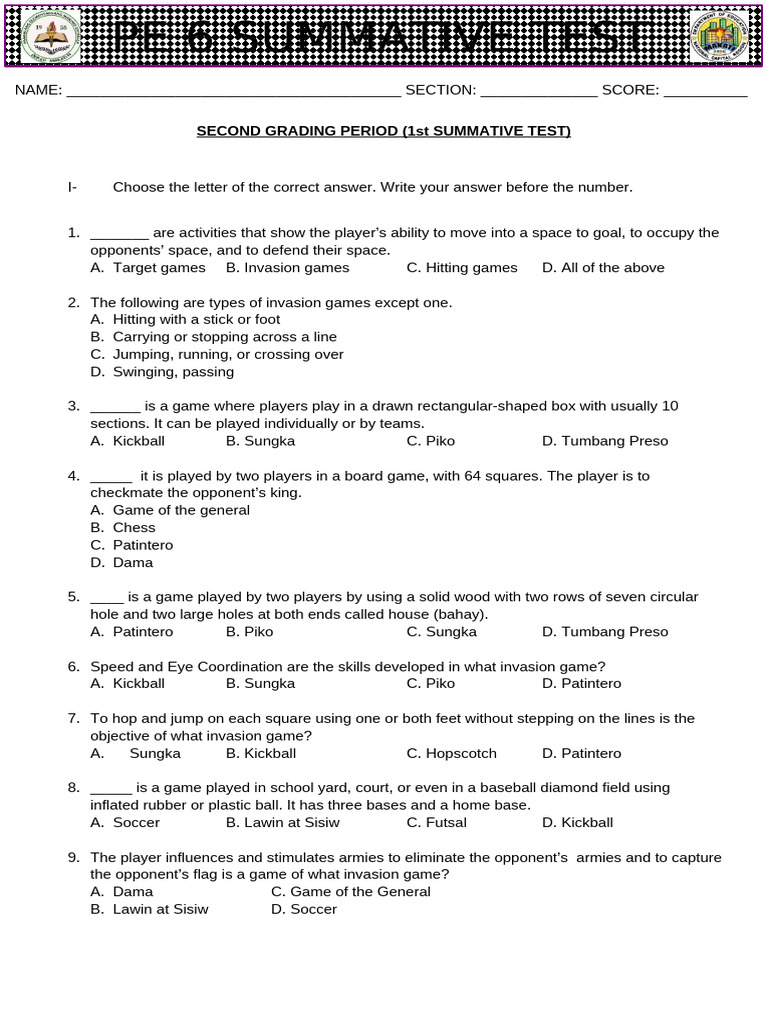 PE 1st Summative Test - 2nd Grading | PDF