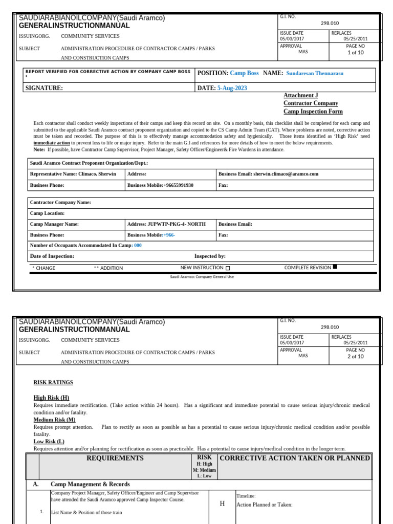 Attachment J Contractor Company Camp Inspection Form | PDF