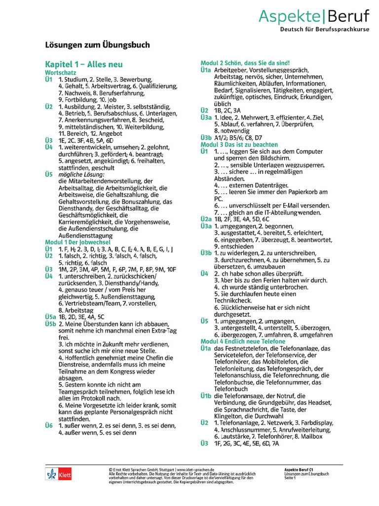 Aspekte Beruf C1 LOESUNGEN UEB Kapitel 1 | PDF