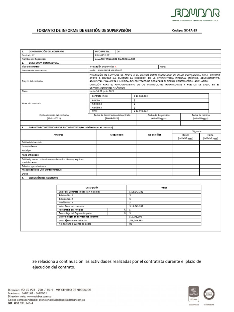 Nuevo Formato Informe de Gestión de Supervisión Natali Monsalve Mes de Junio | PDF