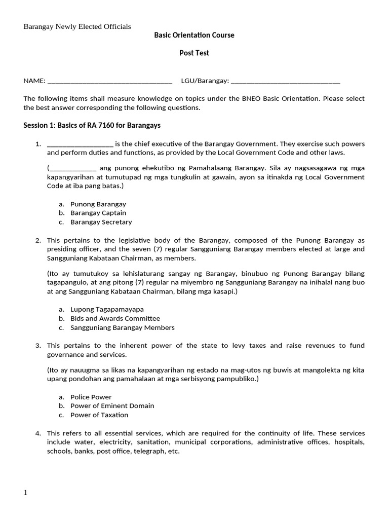 3b) - BNEO Orientation Post Test | PDF
