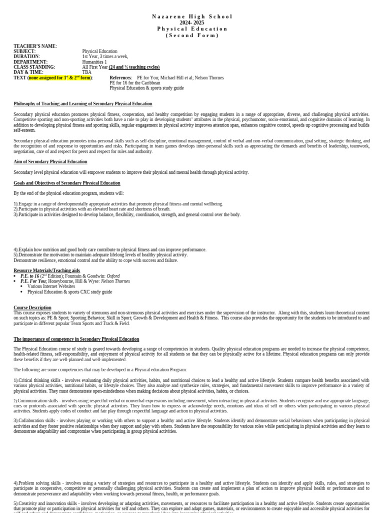 Nazarene High School PE 1st Form Course Outline 2024-2025 | PDF ...