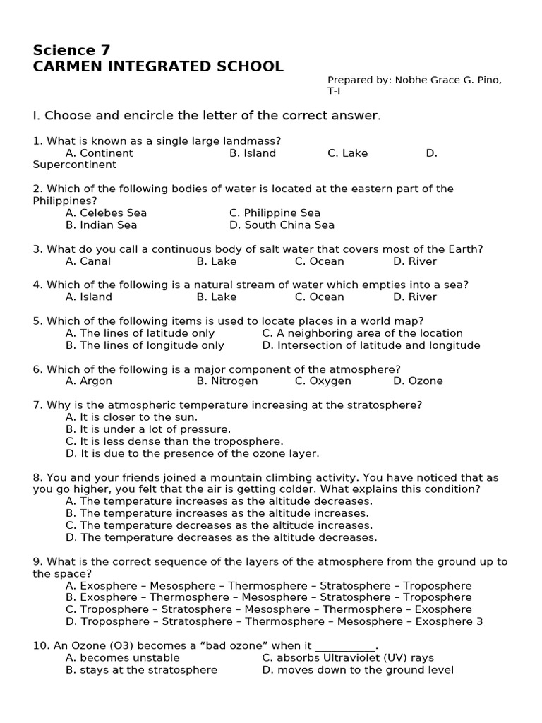 Science 7-Q4 - EXAM | PDF | Atmosphere Of Earth | Atmosphere
