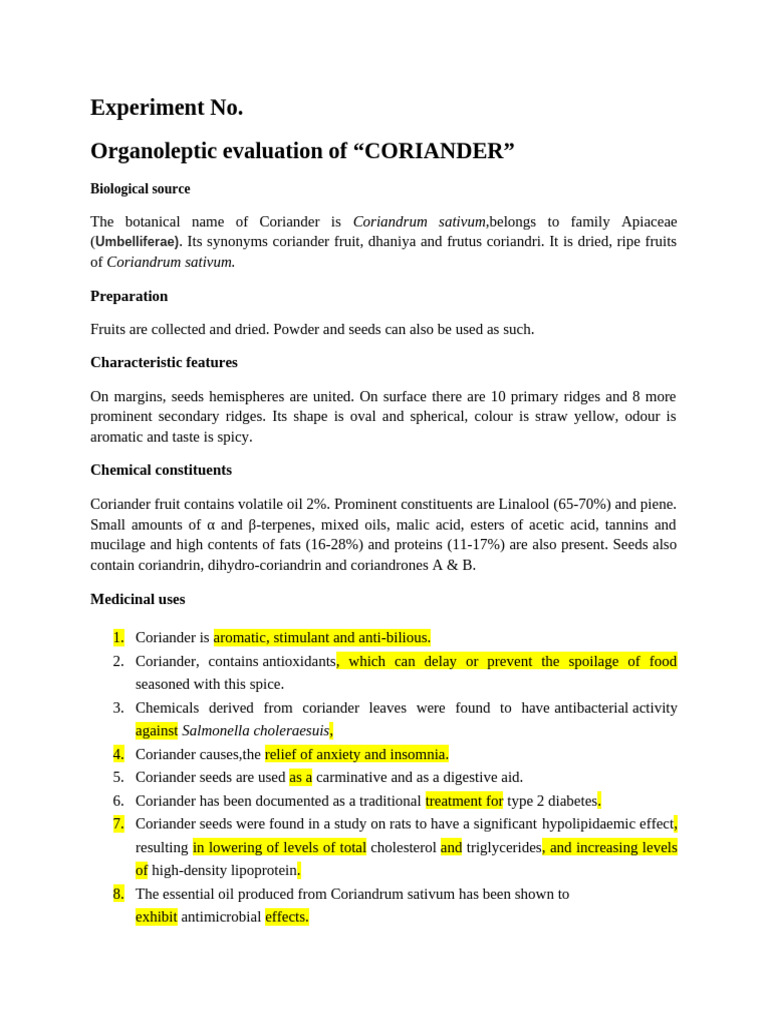 Coriander | PDF | Cooking, Food & Wine | Science & Mathematics