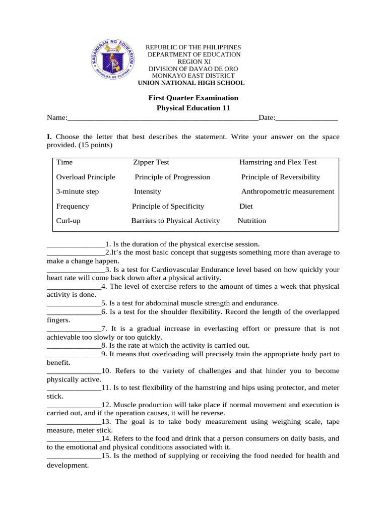 Test Questionnaire Pe 11 Q1 | PDF