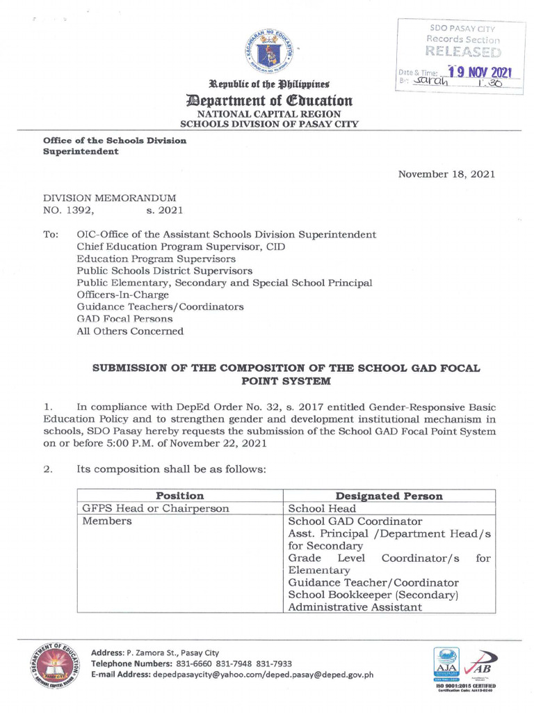 Division Memorandum No. 1392 s.2021 - Submission of The Composition of ...