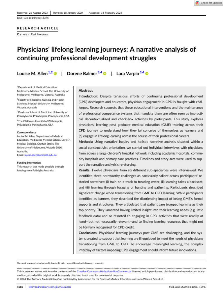 Medical Education - 2024 - Allen - Physicians Lifelong Learning Journeys A Narrative Analysis of ...