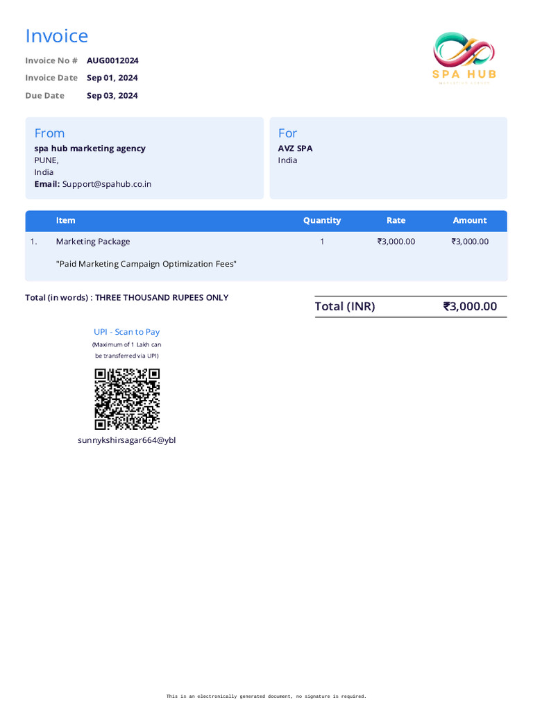 Invoice Aug0012024 Spa Hub Marketing Agency Avz Spa | PDF