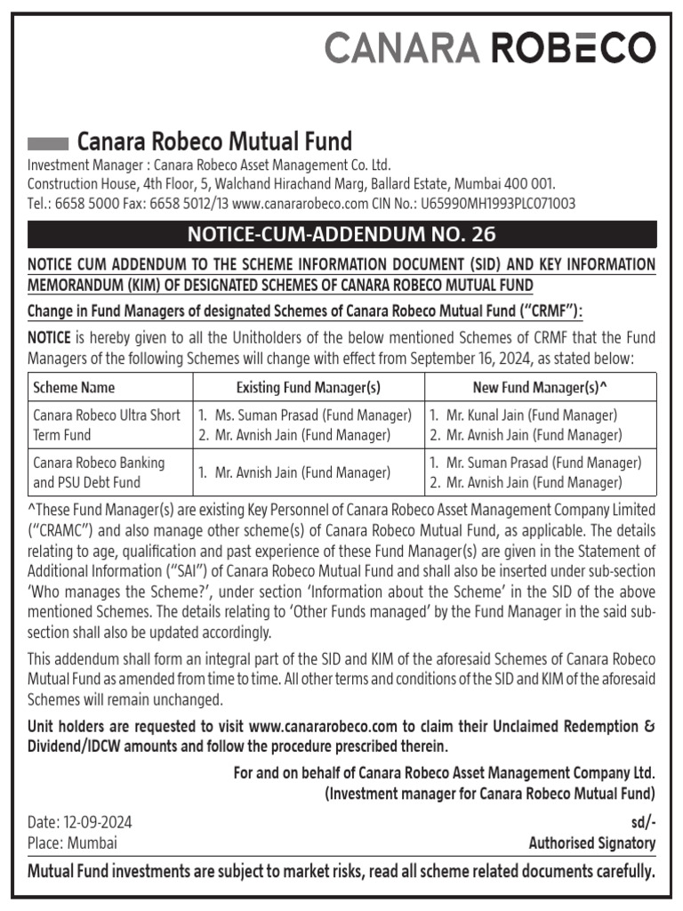 Notice Cum Addendum No 26 Change in Fund Managers of Designated Schemes ...