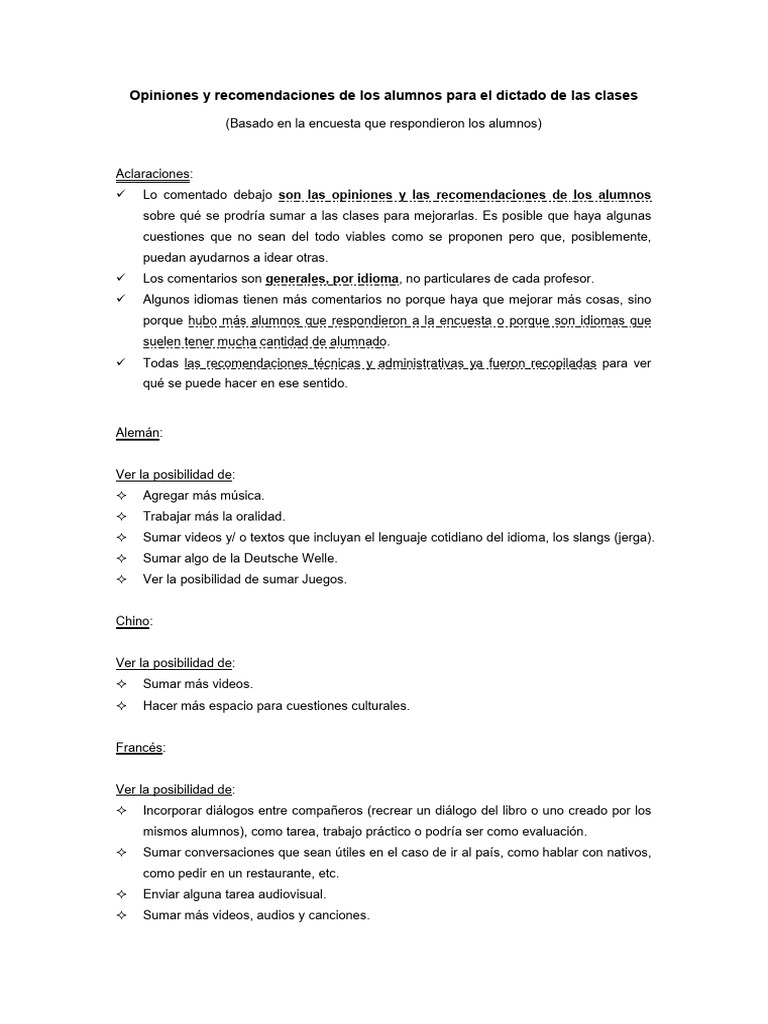 Opiniones y Recomendaciones de Los Alumnos para El Dictado de Las CL | PDF