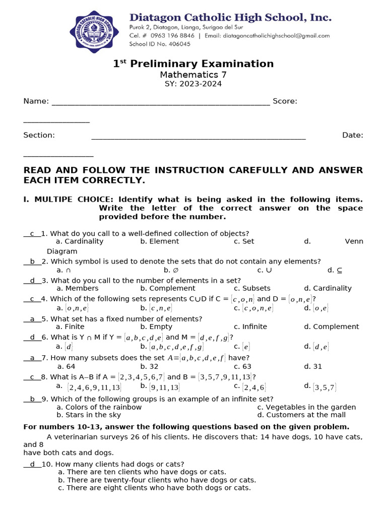 1st Prelim Math 7 | PDF