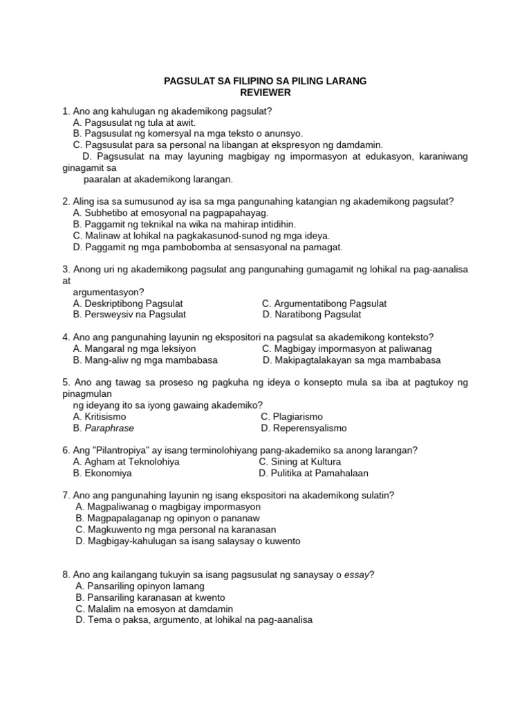 Pagsulat Sa Filipino Sa Piling Larang Reviewer | PDF